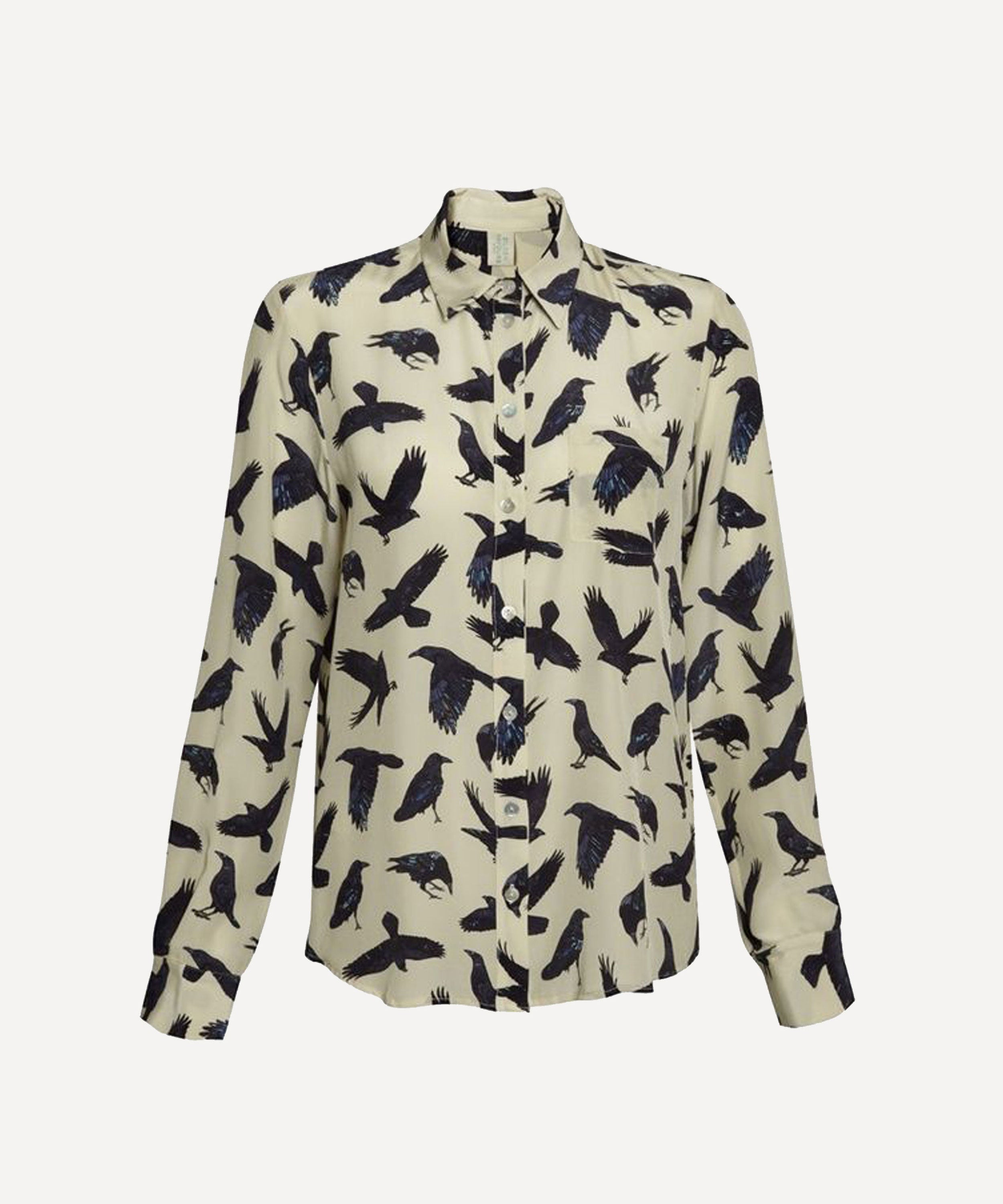 Women’s Cream Silk Crow Shirt – Oversized Hand Drawn Print – silkenfavours