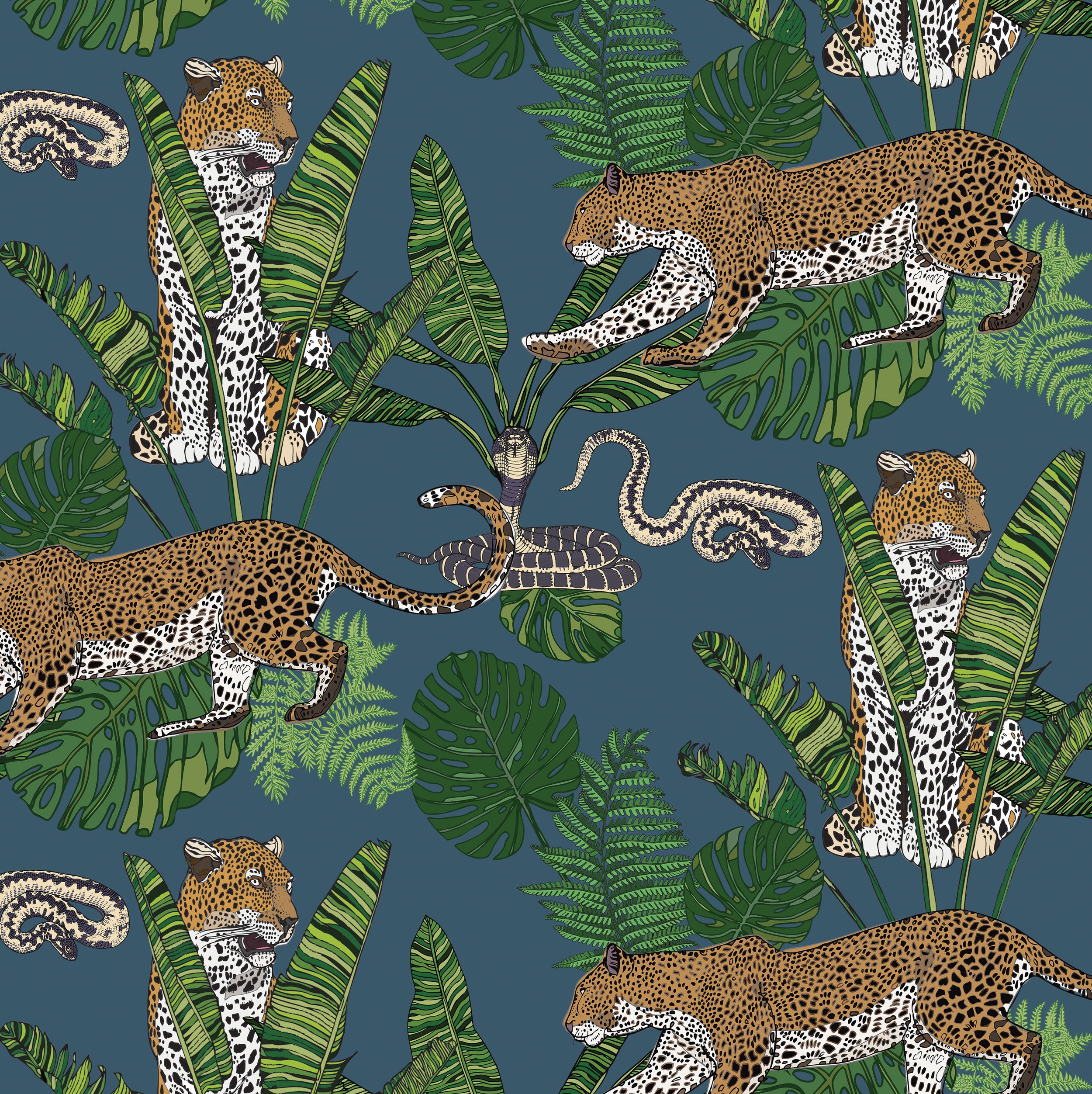 Blue Jungle Print Wallpaper