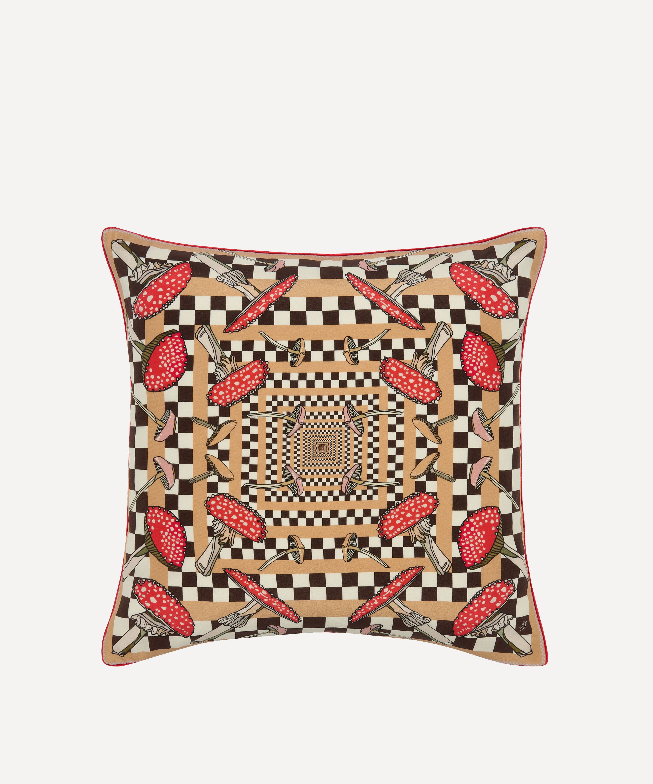 Mushroom Chequerboard Brown Silk Cushion – silkenfavours