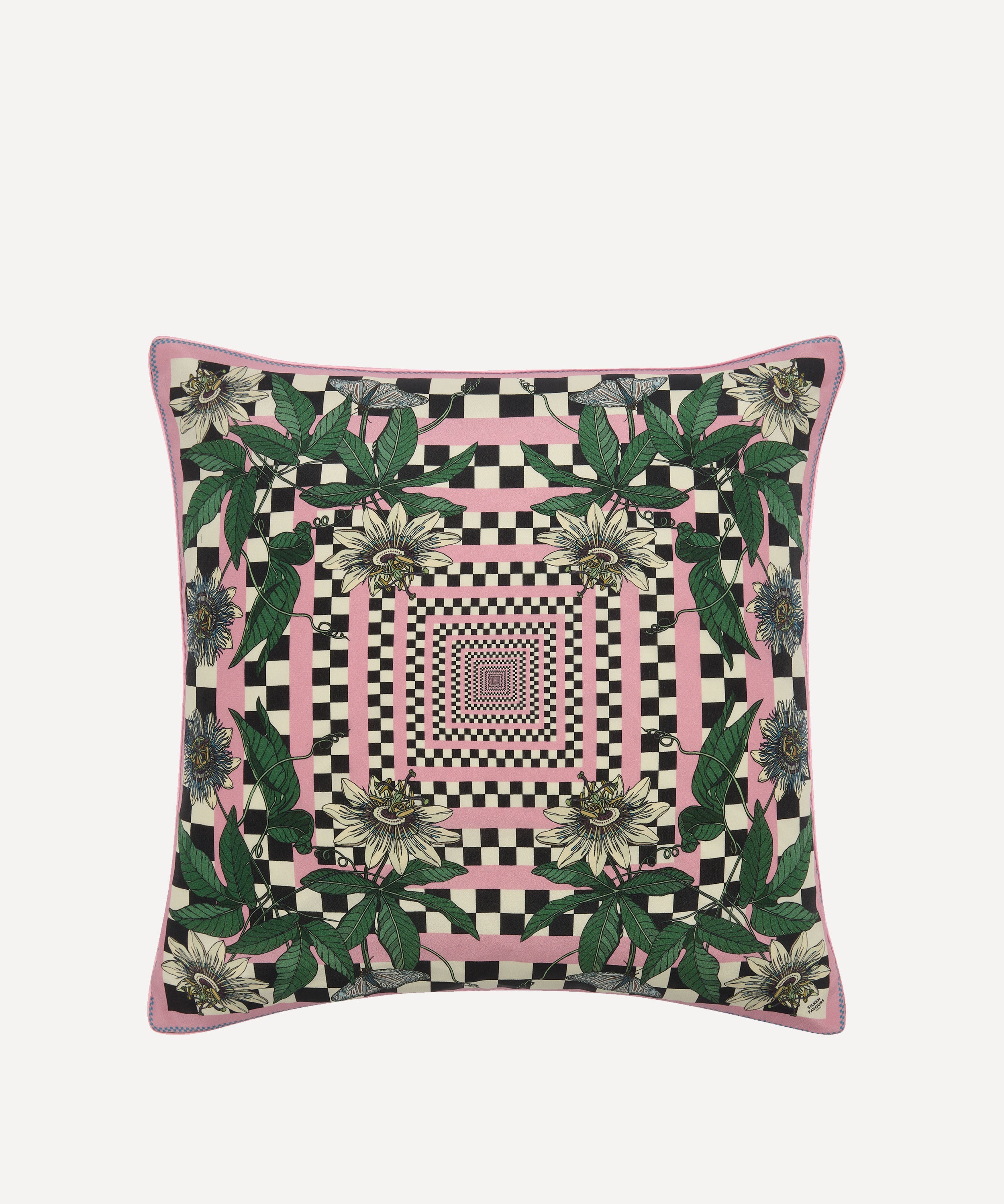 Passion Flower Pink Chequerboard Silk Cushion - Pre Order – silkenfavours